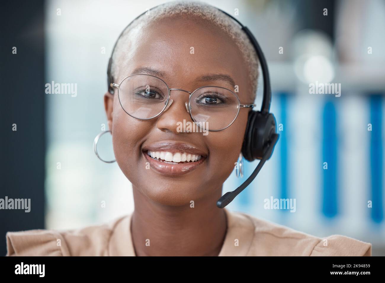 Black woman, call center and smile in portrait, consultant and glasses with headset for ...