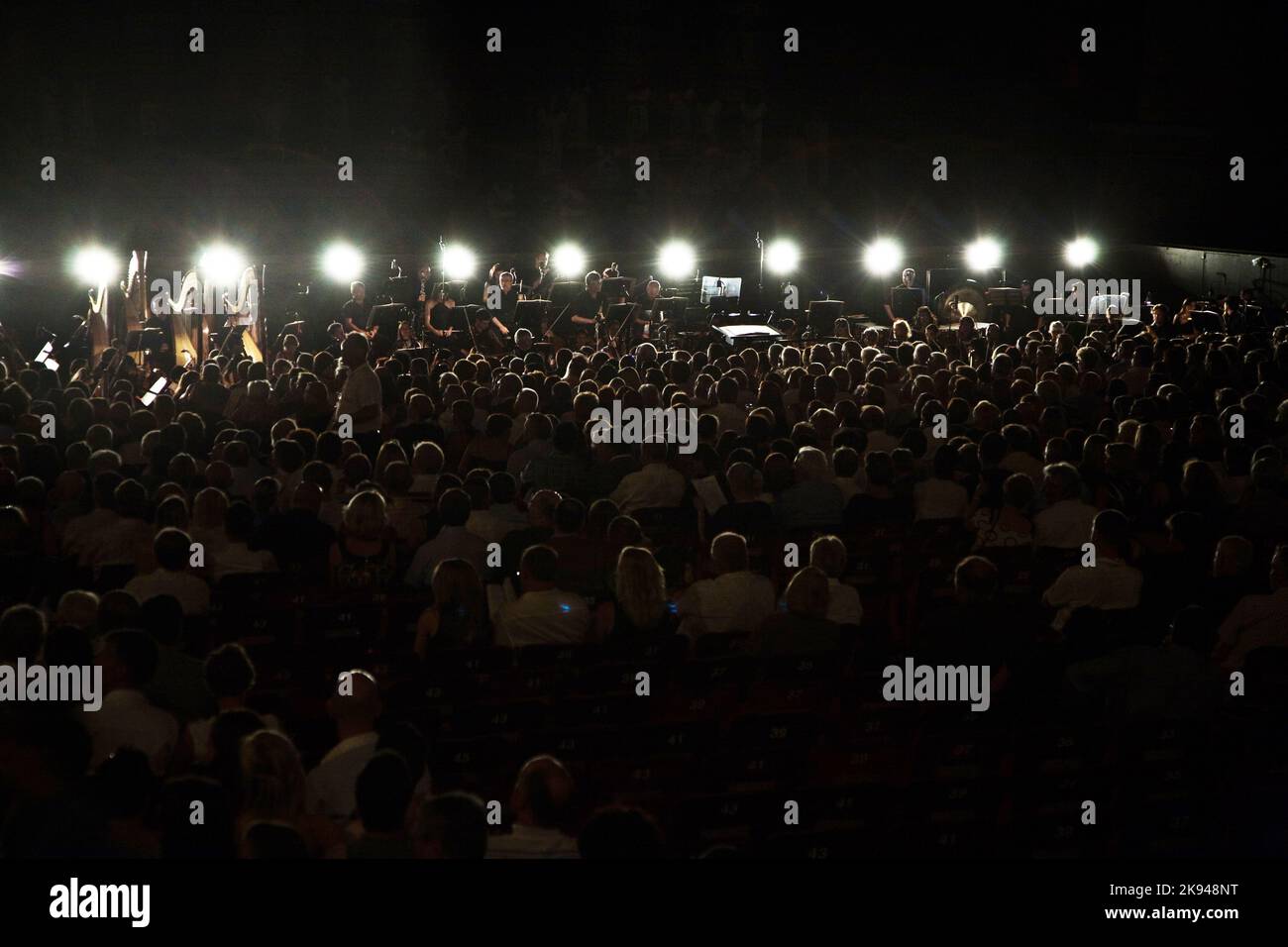 VERONA, ITALY - AUG 5, 2009: Orchestra in the orchestra pit, opera in ...