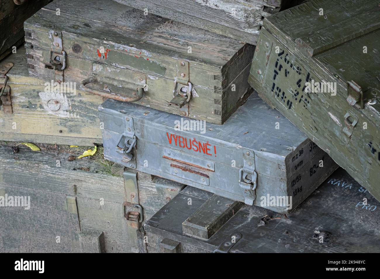 A stack of old wooden military green boxes with ammunition Stock Photo ...