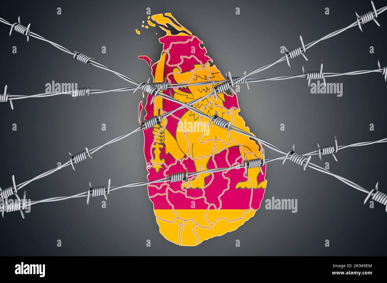 Map of Sri Lanka with barbed wire, 3D rendering isolated on dark ...