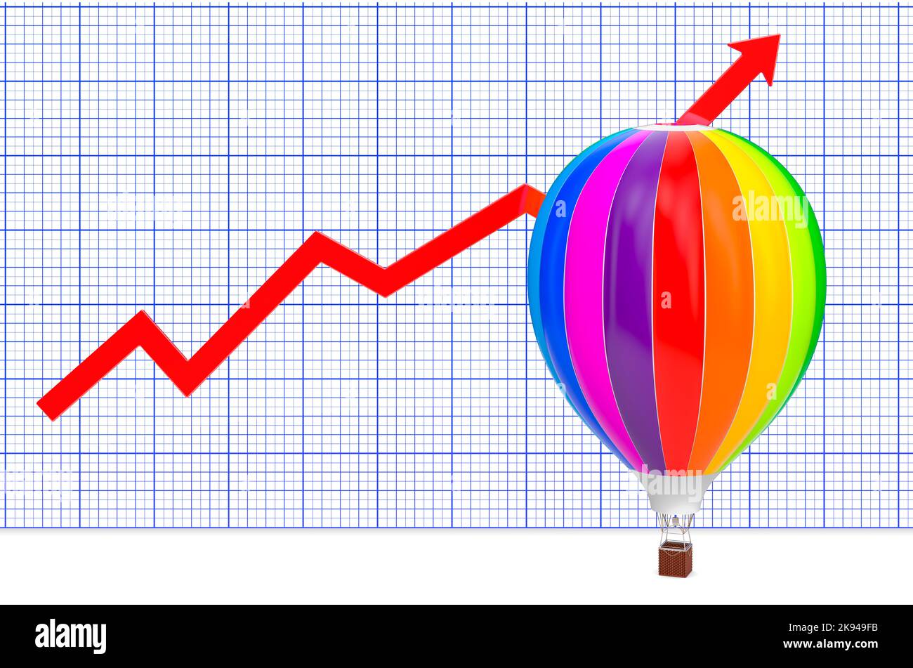 Hot air balloon with growing chart. 3D rendering isolated on white ...