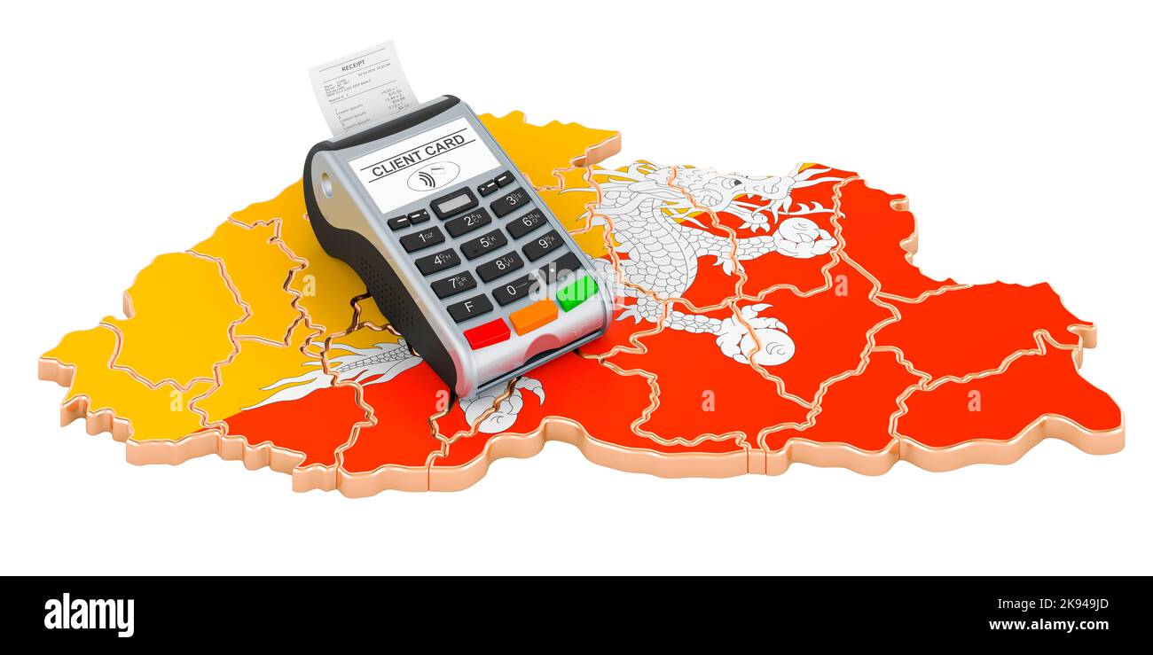 Bhutanese map with POS terminal. Cashless payments in Bhutan concept ...