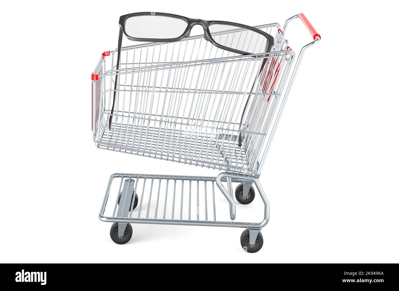 Shopping cart with eyeglasses, 3D rendering isolated on white ...