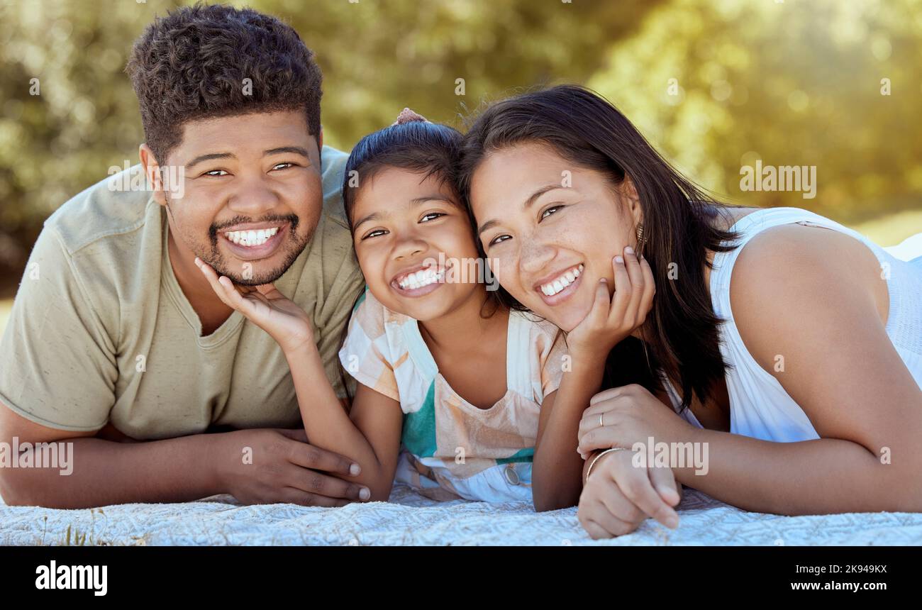 Love, happy family picnic and portrait of relax mother, father and ...