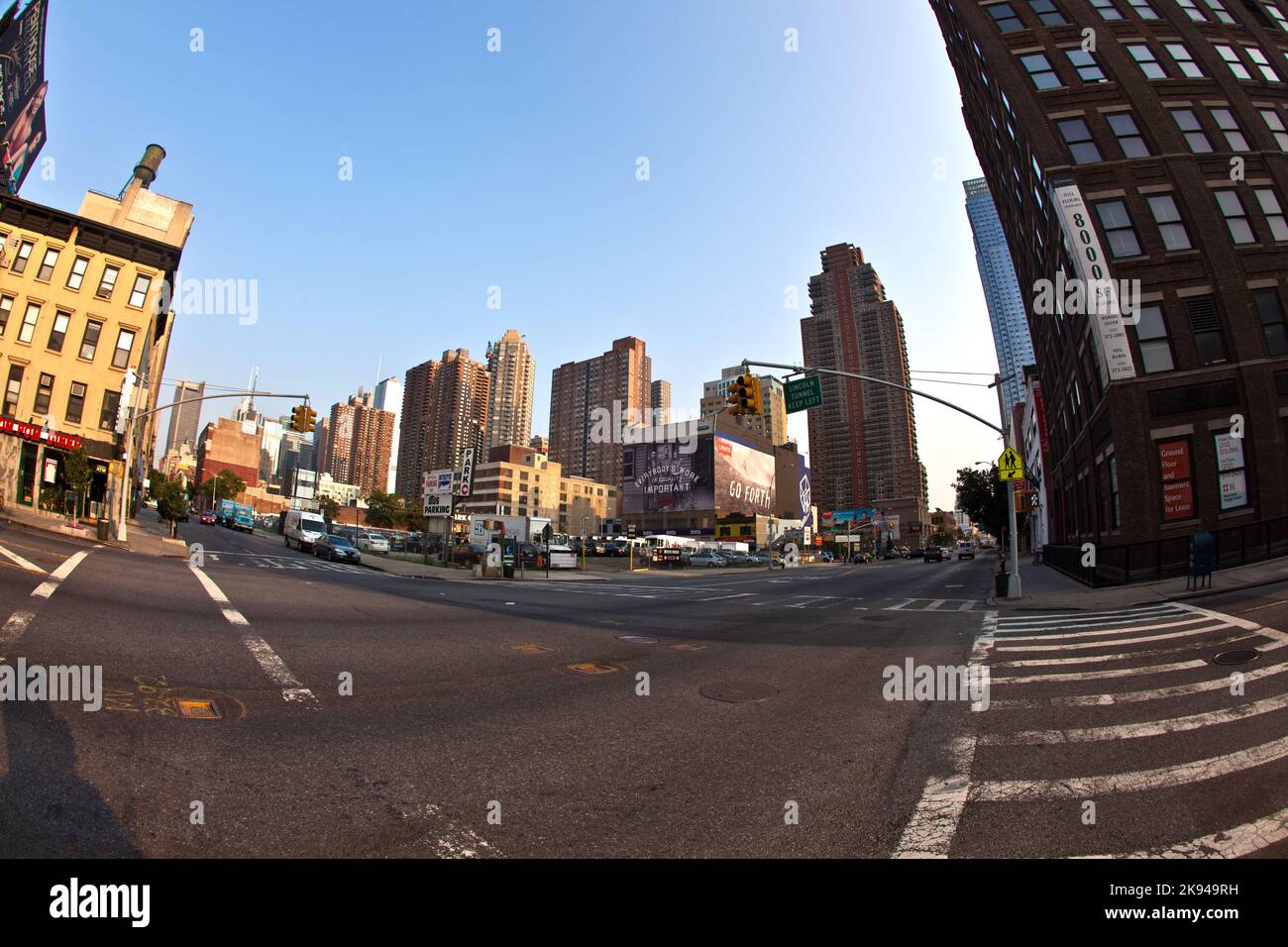 NEW YORK, USA - JULY 8: downtown streetview at the east harbor side in ...
