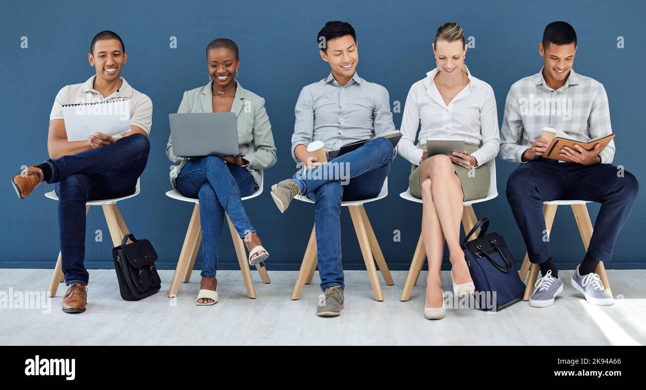 Recruitment, chair and row of people with interview preparation notes ...