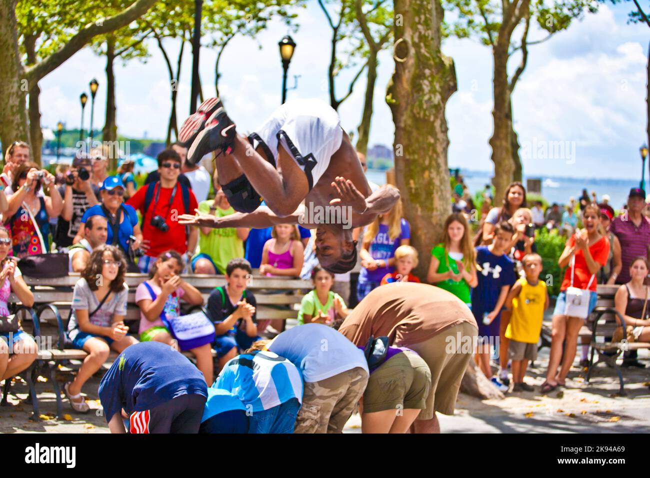 NEW YORK CITY – JULY 9: Brake dancer at an open air performance to ...