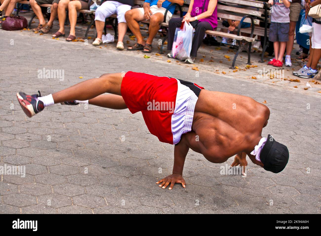 NEW YORK CITY – JULY 9: Brake dancer at an open air performance to ...