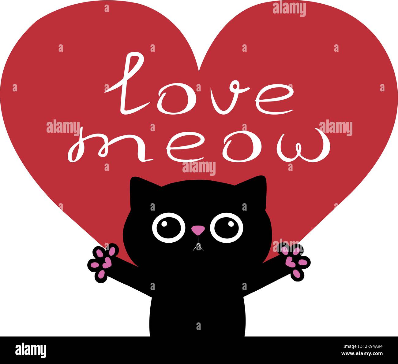 Cute cartoon black cat with heart and hand drawn text Love meow. Love ...
