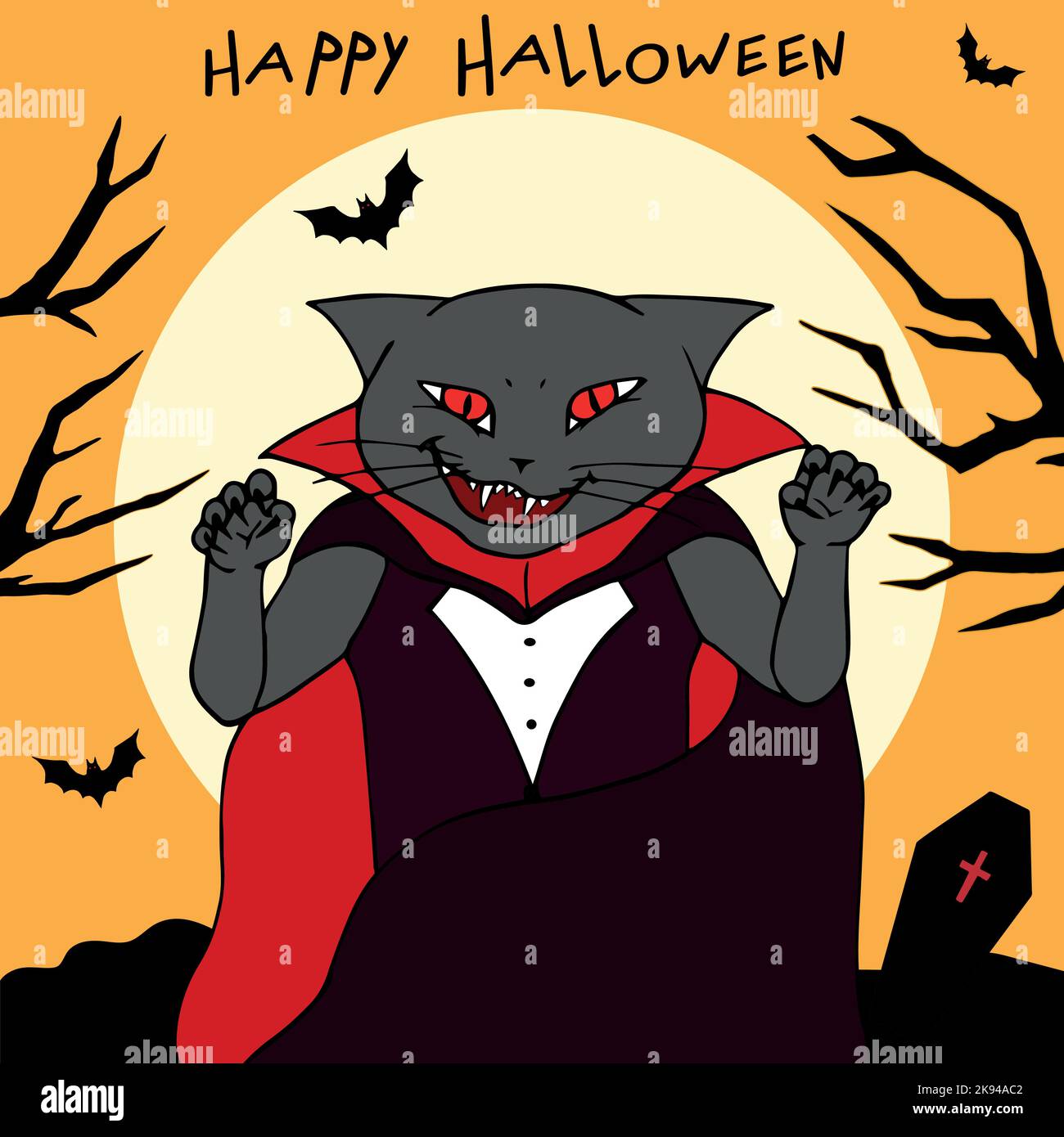 Cat vampire on scary background. Happy Halloween. Hand drawn vector art ...
