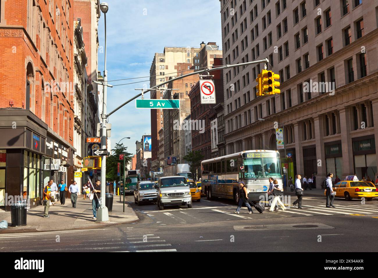 NEW YORK, USA - JULY 13: Sunrise downtown Manhattan early morning in ...