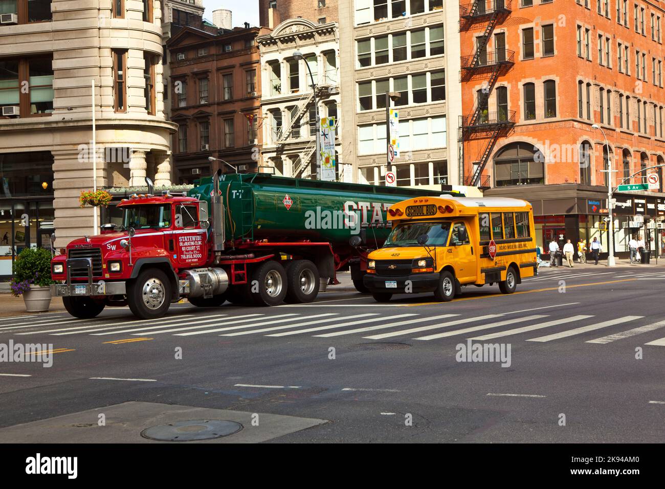 NEW YORK, USA - JULY 13: Sunrise downtown Manhattan early morning in ...