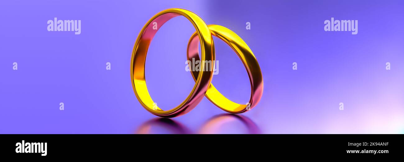 Illustration of two wedding gold rings. Unity concepts. 3d rendering ...