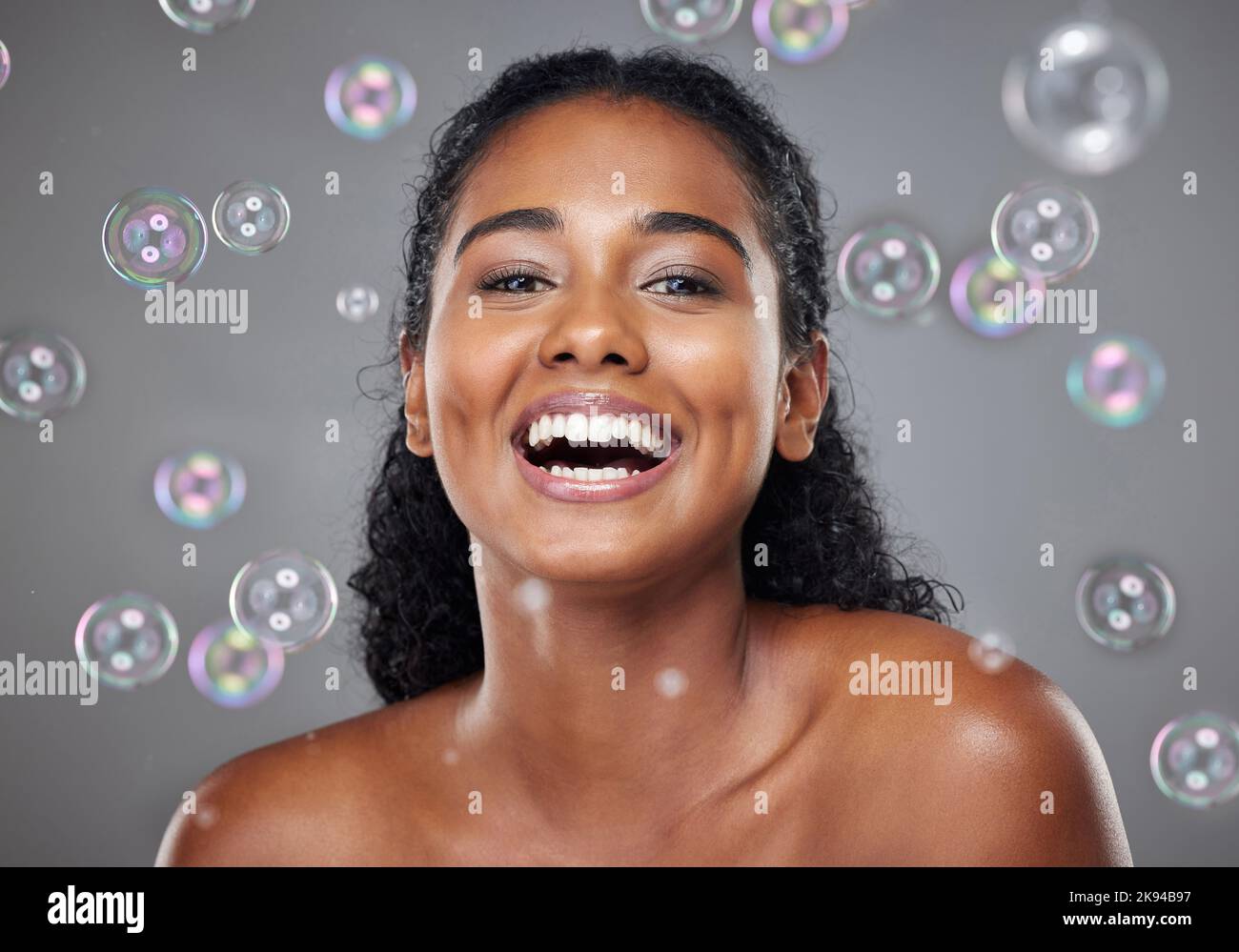 Beauty, makeup and skincare woman with bubble for facial cleaning ...