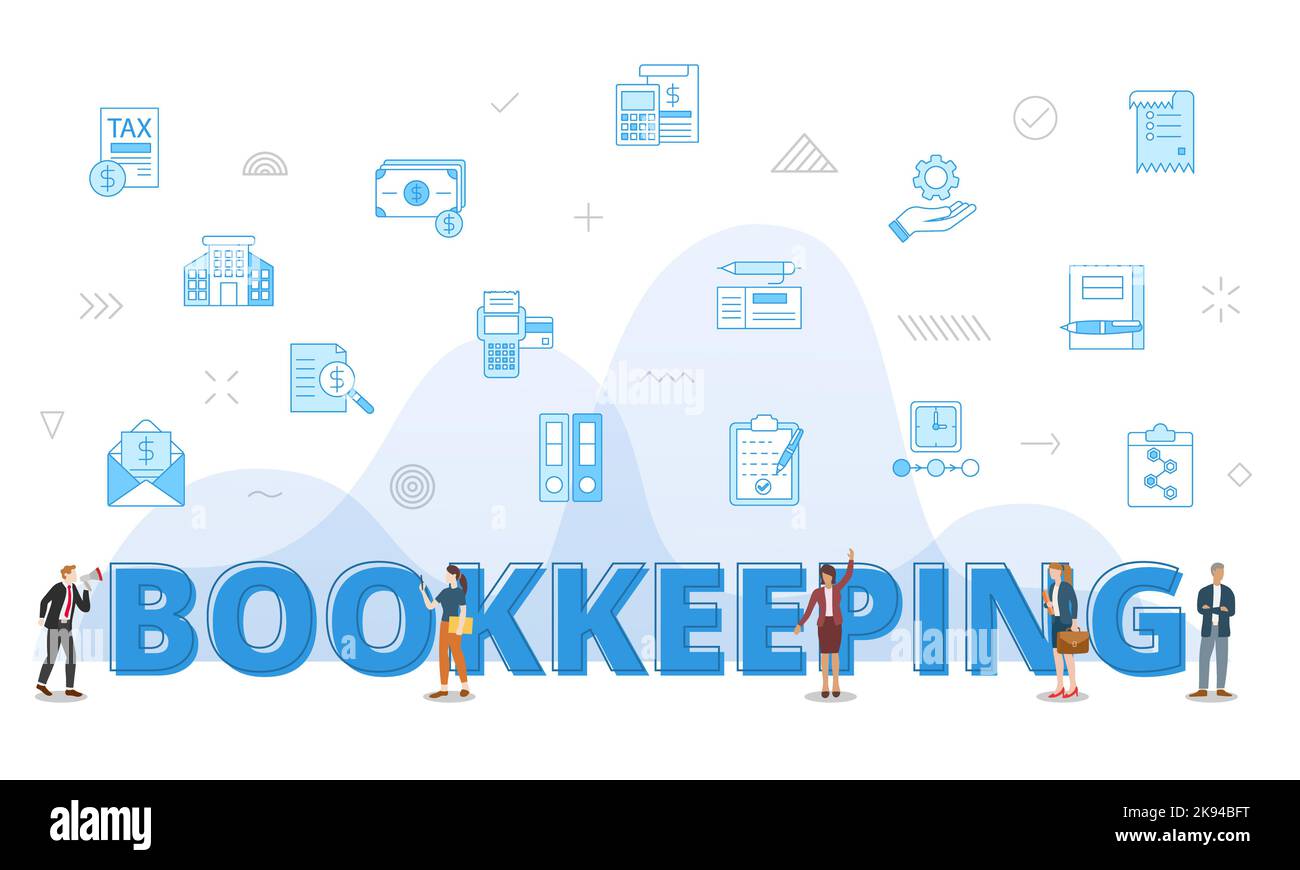 bookkeeping concept with big words and people surrounded by related ...