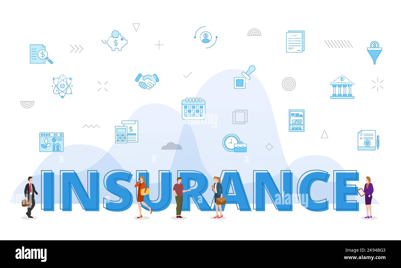 insurance concept with big words and people surrounded by related icon ...