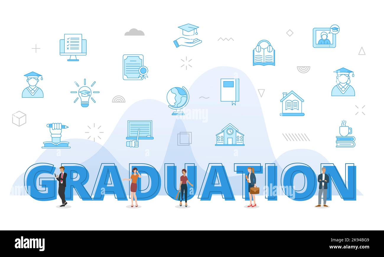 graduation concept with big words and people surrounded by related icon ...
