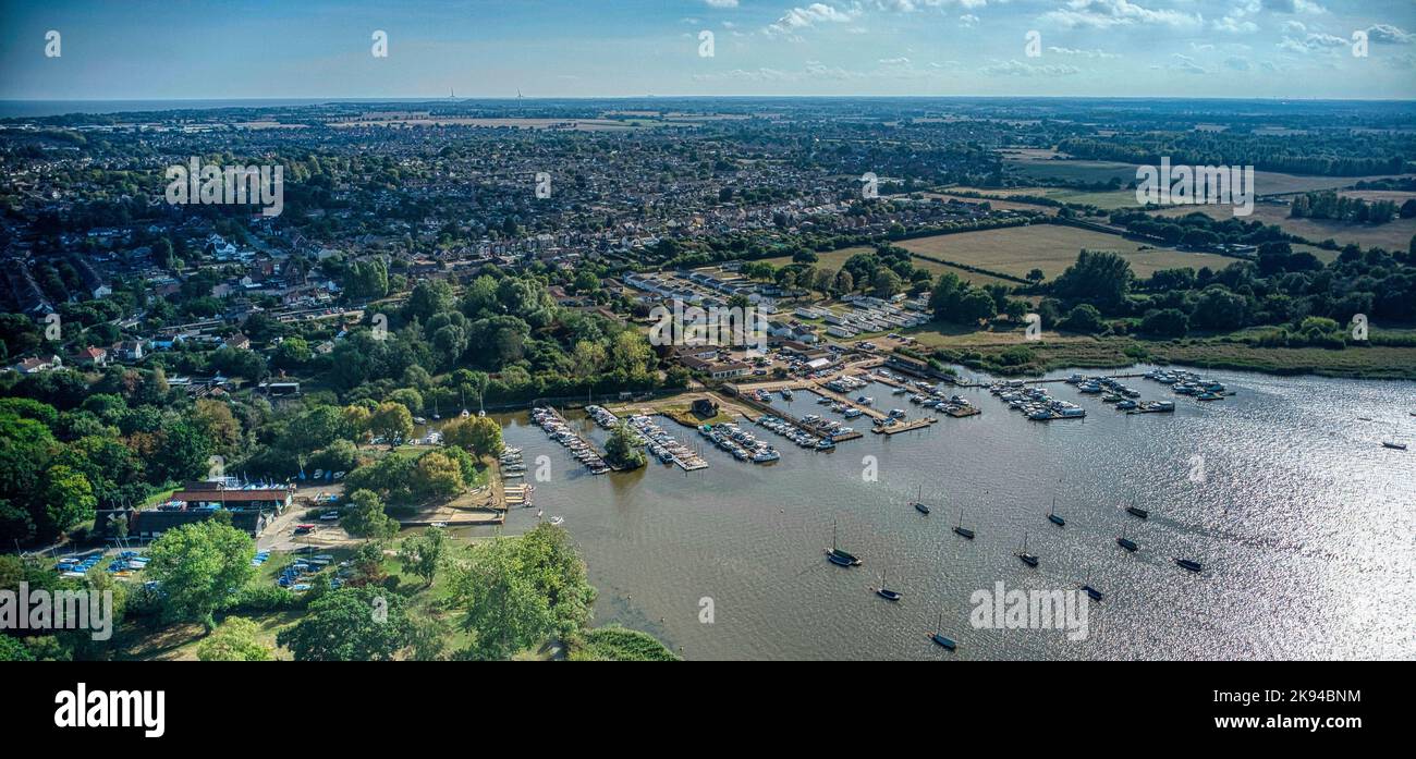 An aerial landscape view of the Marina at Oulton Broads in Norfolk ...