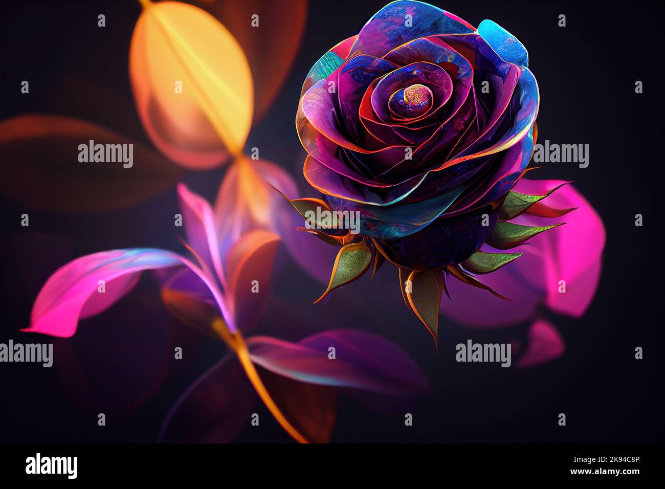 Fantasy magical dark background with magic rose flower colorful vibrant ...