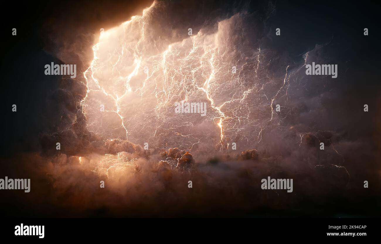 Lightning Thunder Flash Rain during summer storm. 3d illustration Stock ...