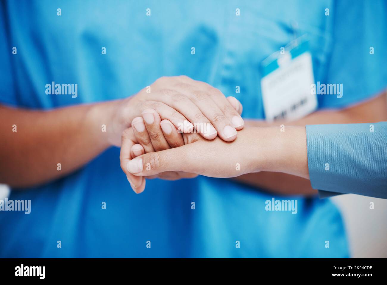 Hospital nurse, patient support and hands held together with empathy ...