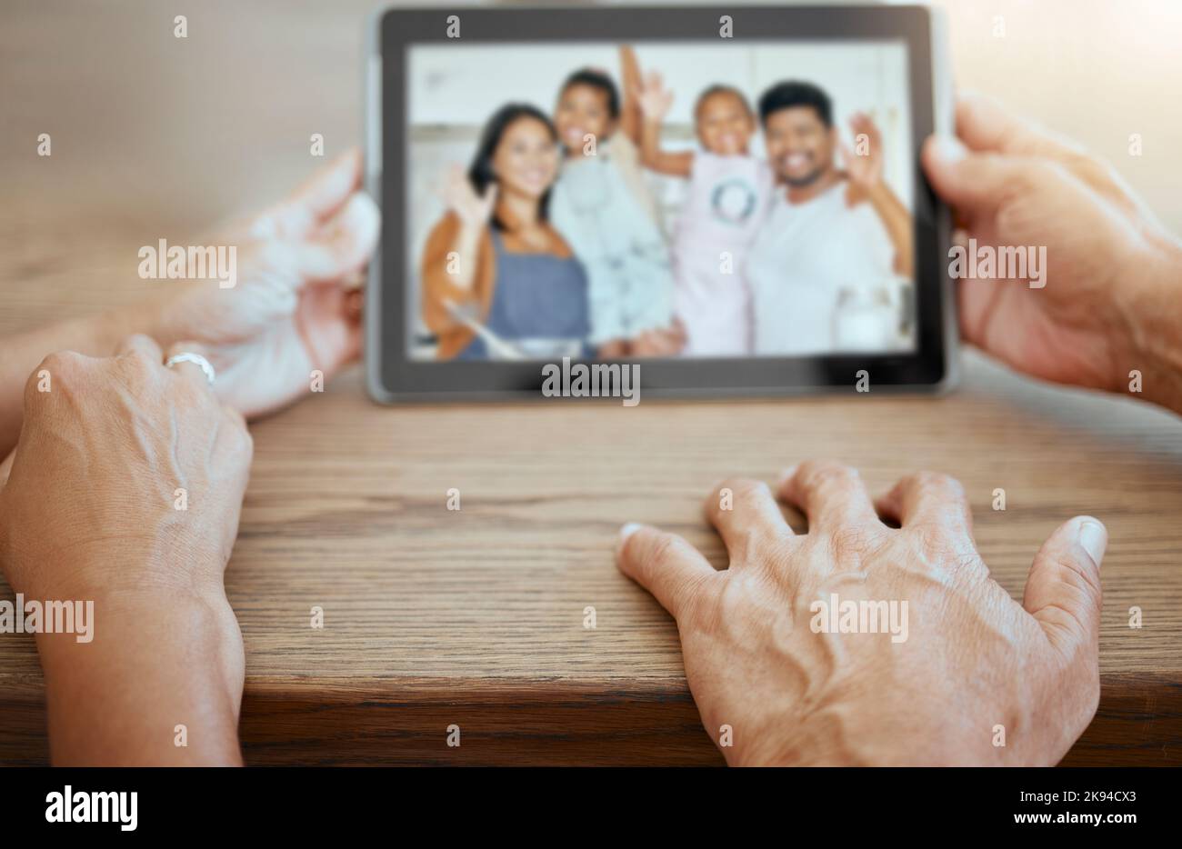 Video call, happy and tablet with family and hands of grandparents for ...