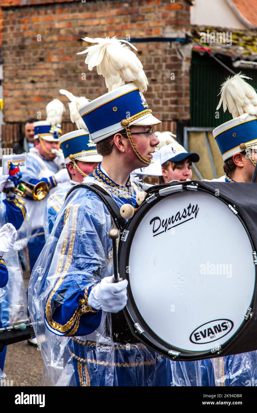 Schwalbach, Germany - February 27, 2011: The carnival brass band moves ...