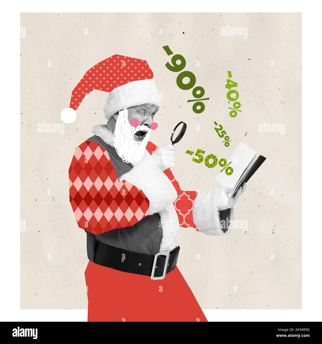 Contemporary art collage. Emotive man in image of Santa Claus looking ...