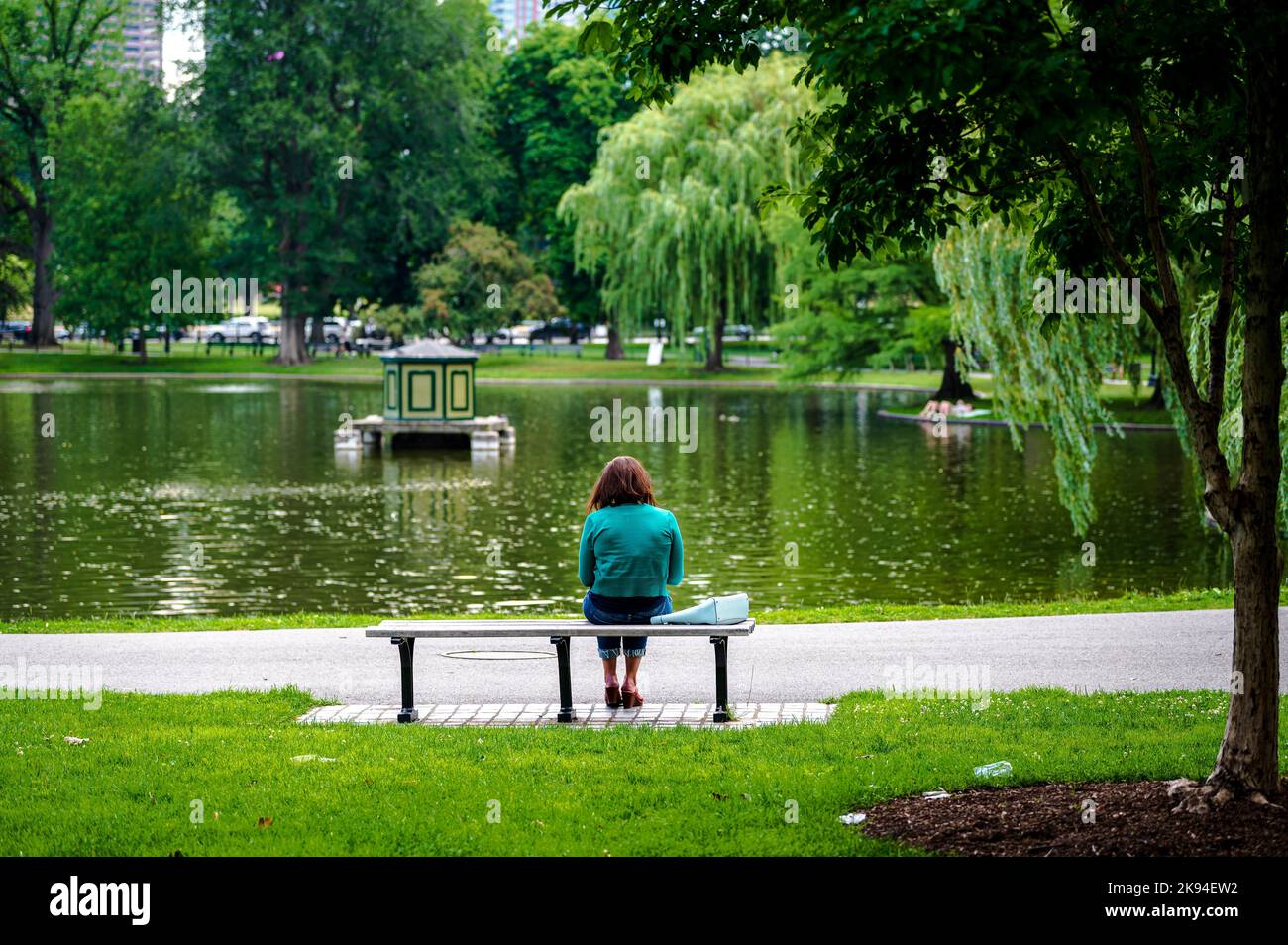 A back view of a woman sitting alone on a bench facing a lake in Boston ...