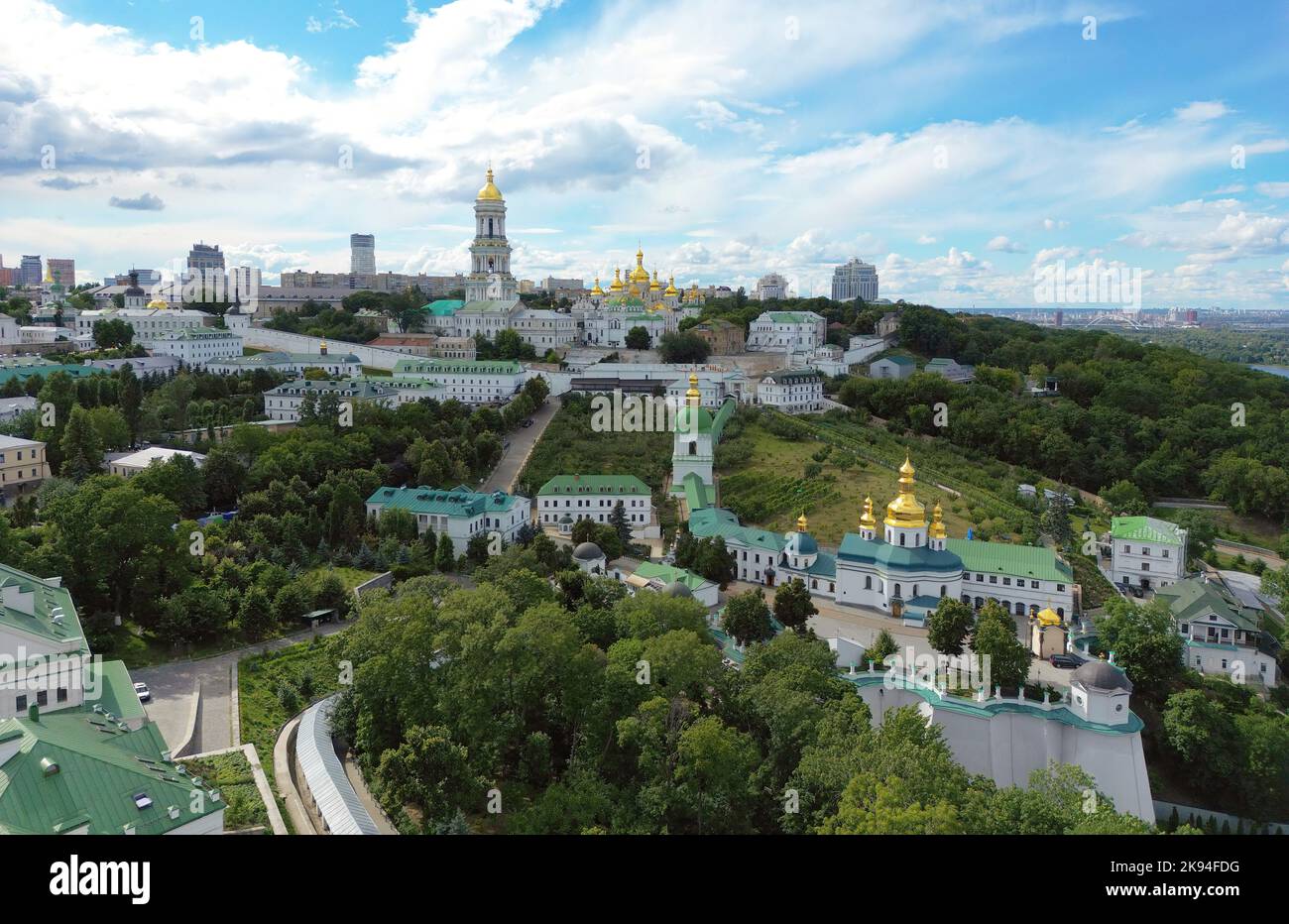 An aerial view of the Dnieper river and the city of Kyiv in Ukraine ...