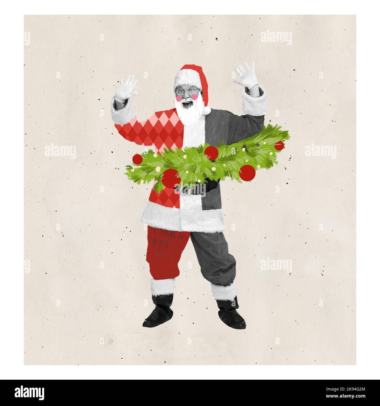 Contemporary art collage. Cheerful senior man in image of Santa Claus ...