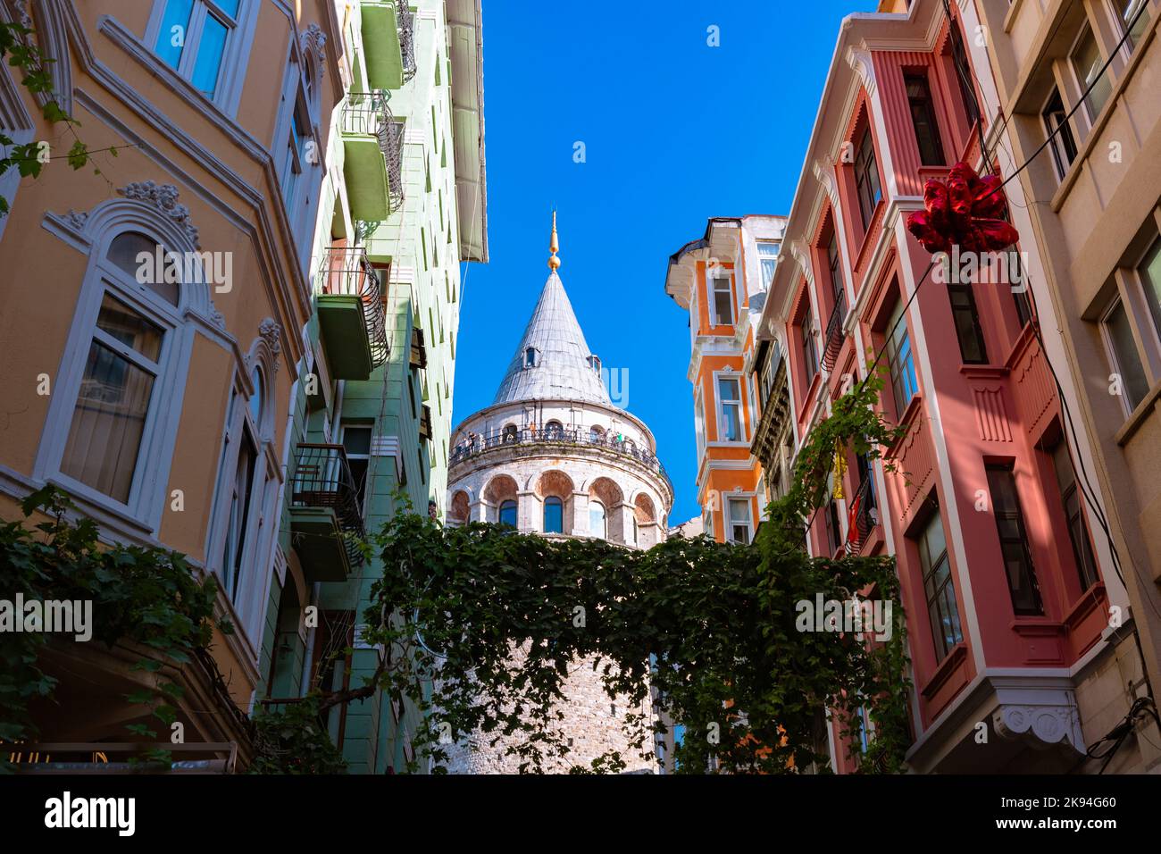 Galata Tower and historical buildings. Travel to Istanbul background ...