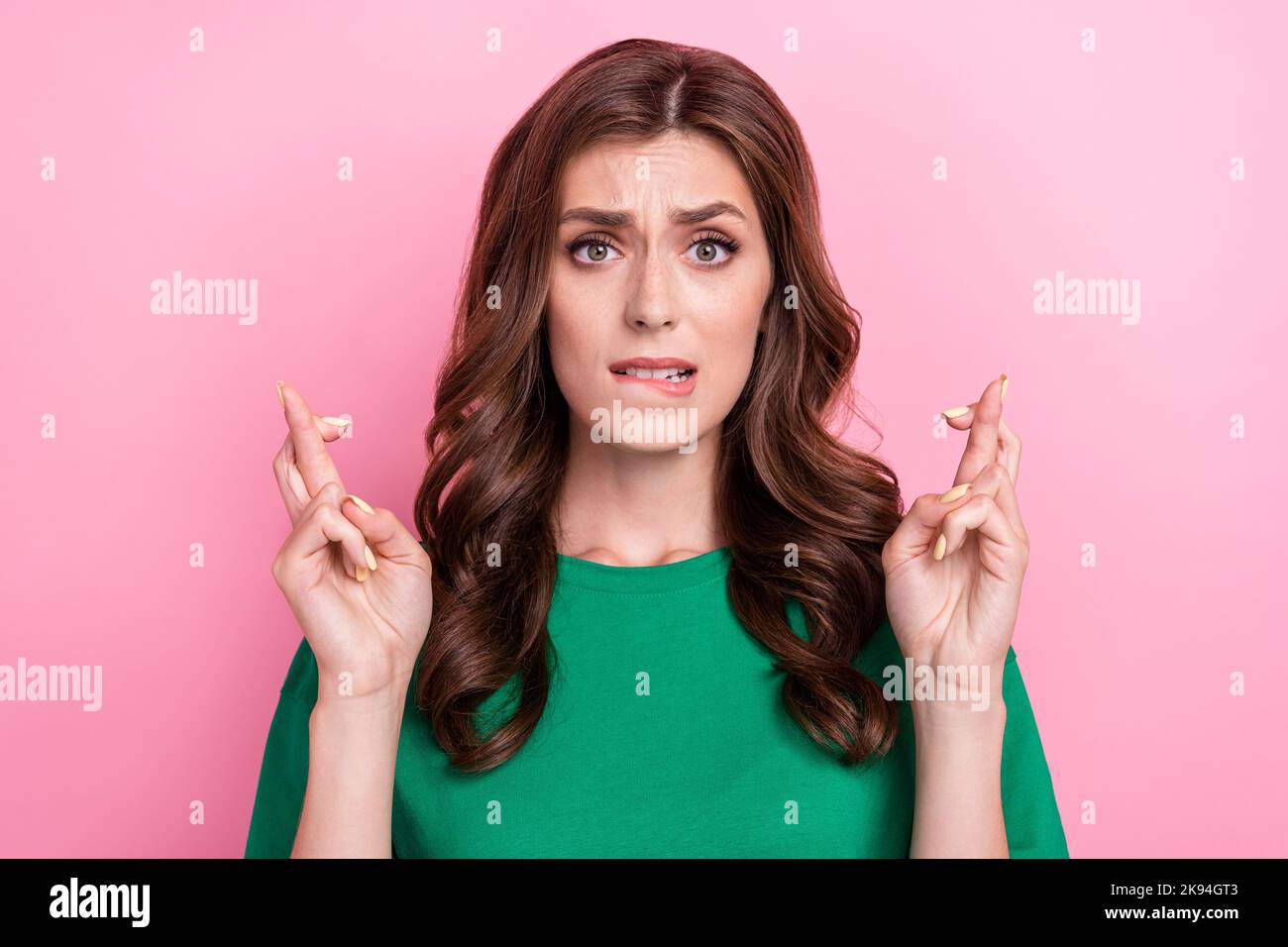 Portrait of pretty gorgeous girl with curly hairstyle wear green t ...