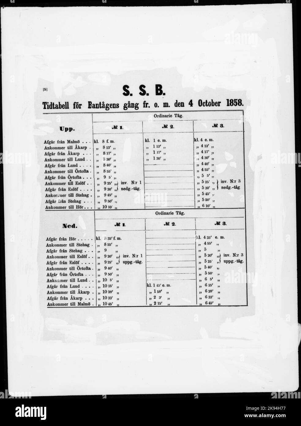 Timetable from 1858-10-04 for the southern main line between Malmö and ...
