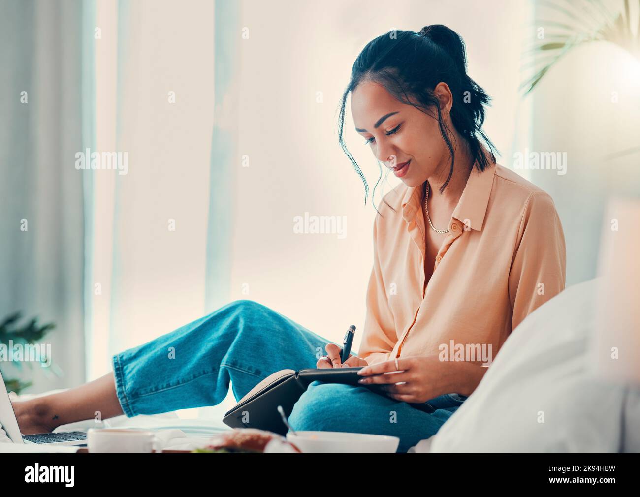 Black woman, notebook and writing for planning, notes and happy student ...