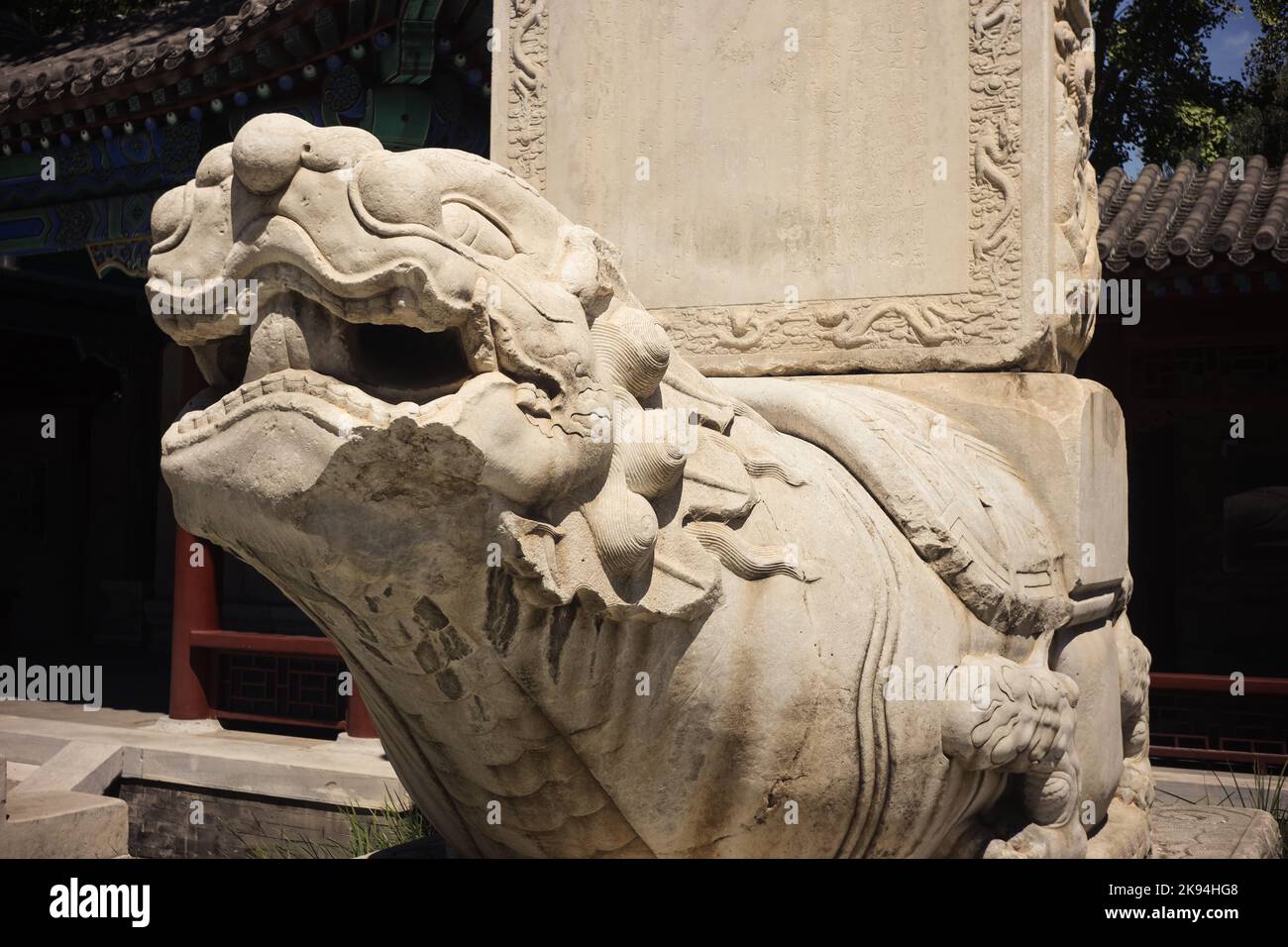 A closeup of a carved stone artwork of a bixi in Zhenjue temple of ...