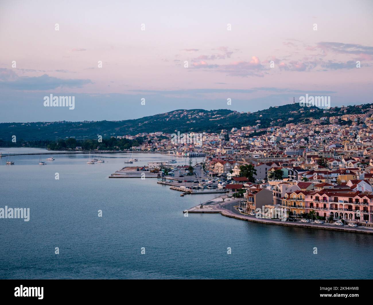 An aerial view of the coastal city of Argostoli, Griechenland in Greece ...