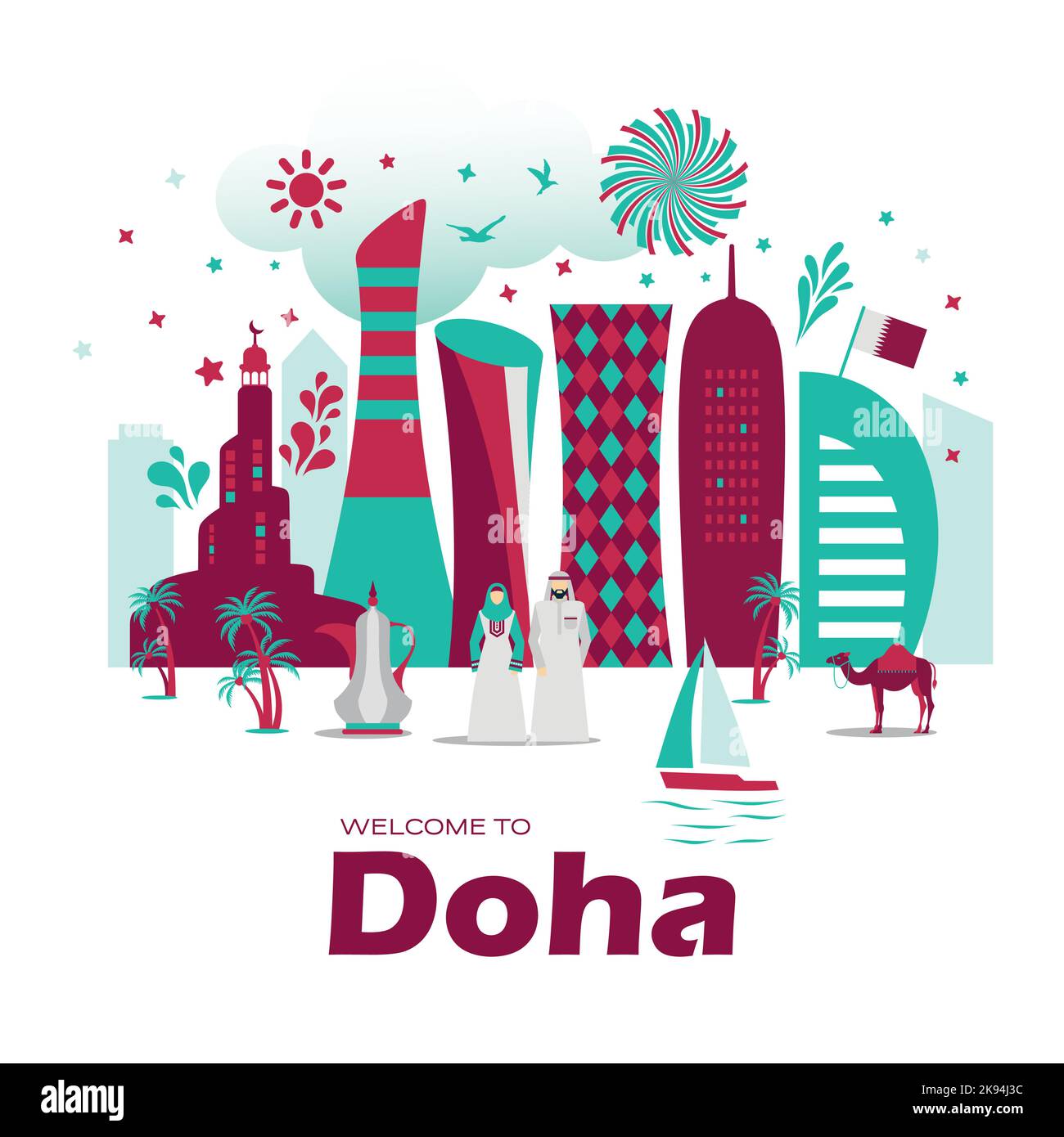 Doha - Qatar Landmark Buildings skyline of modern city with jug boat ...