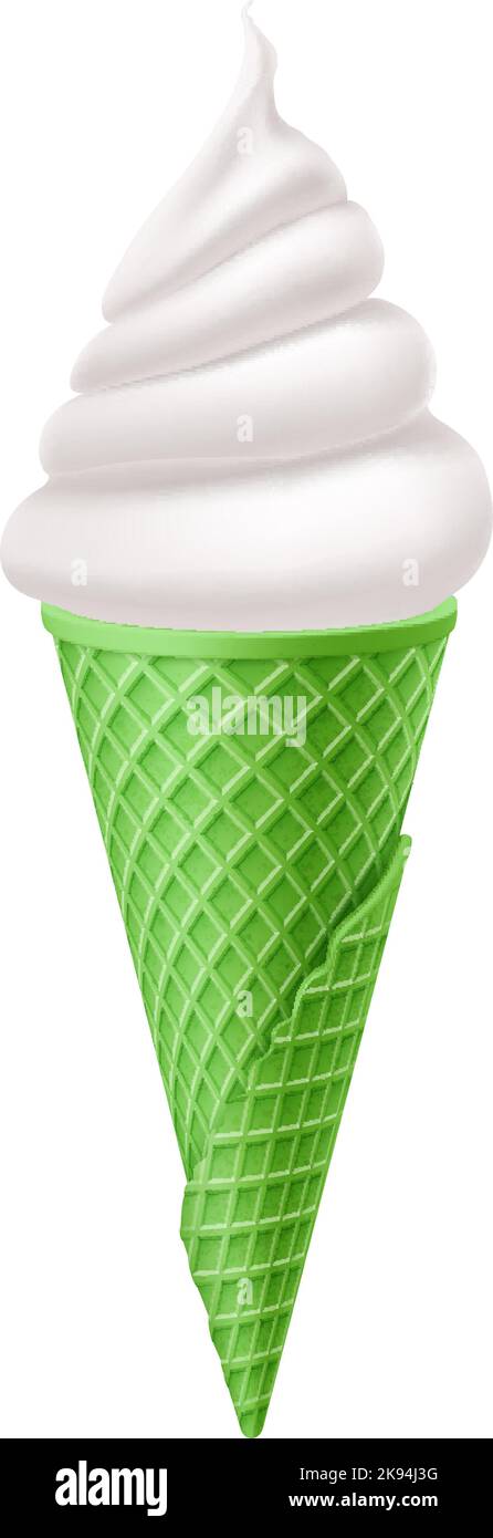 Delicious Vanilla Ice Cream in Green Waffle Cone. Street Fast Food ...