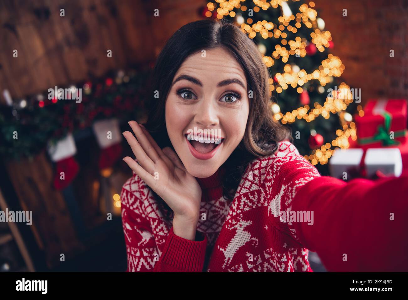 Photo of astonished cheerful girl take selfie toothy smile enjoy ...