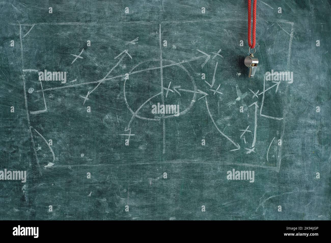 soccer tactics scribble on blackboard and whistle of soccer referee or ...