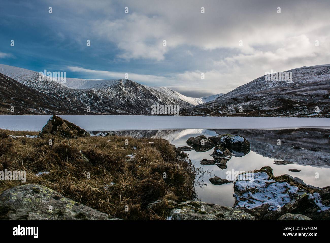 The winter landscape of Loch Callater's snowy upland in Braemar ...