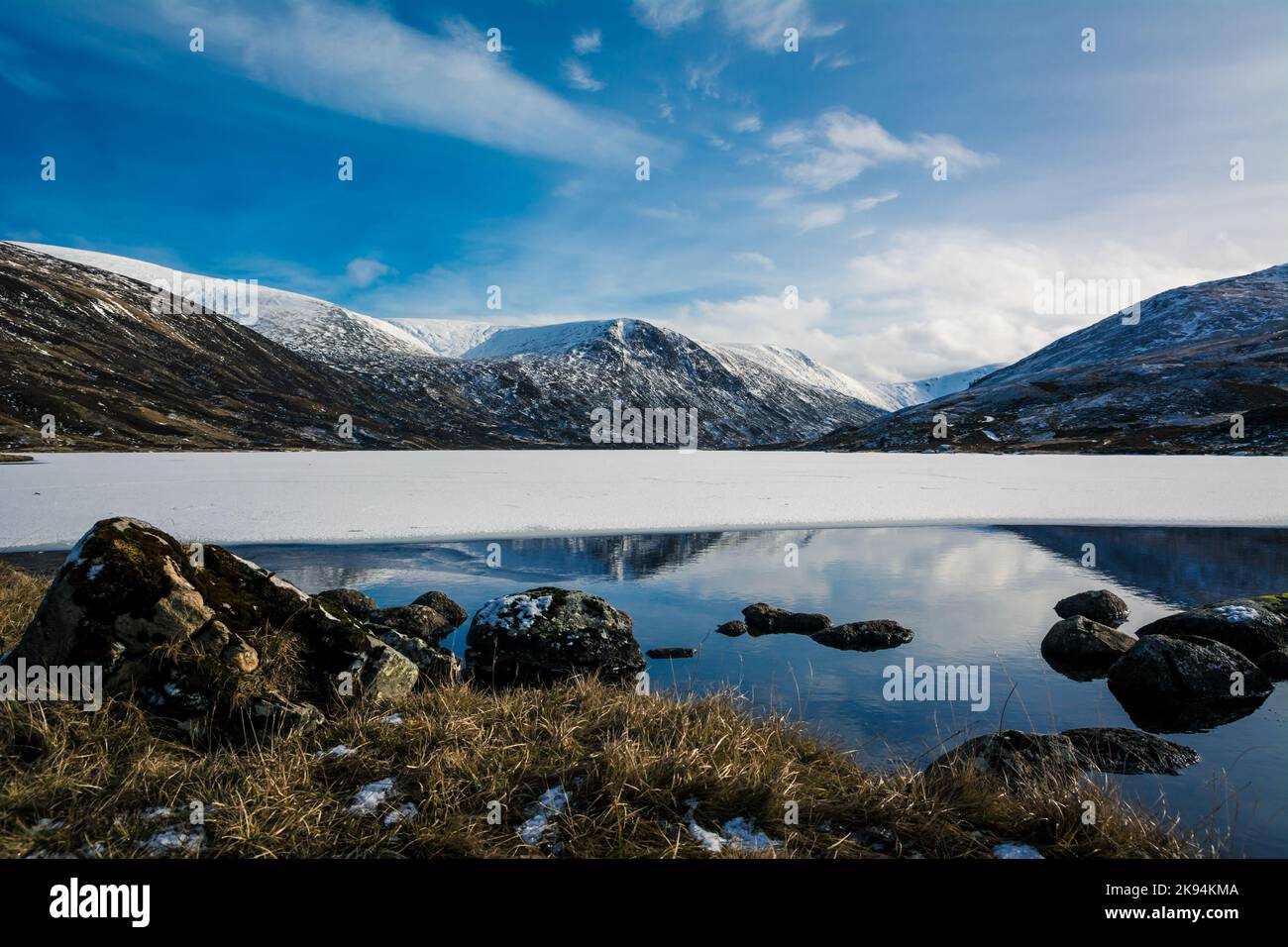 The winter landscape of Loch Callater's snowy upland in Braemar ...