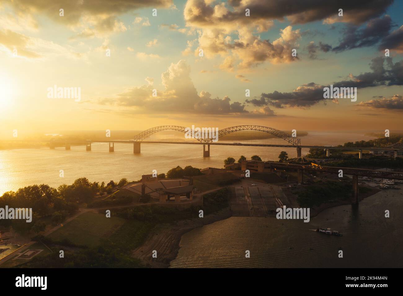 A bird's eye view of Memphis Bridge connecting Tennessee and Arkansas ...