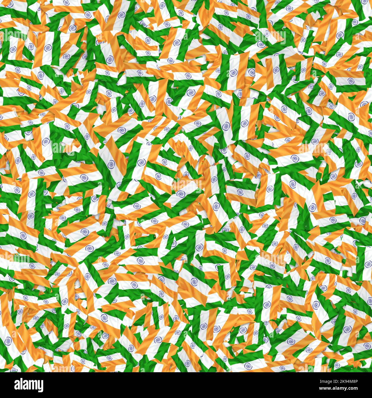 The top view of a pile of Indian national flags creates a mixed pattern ...