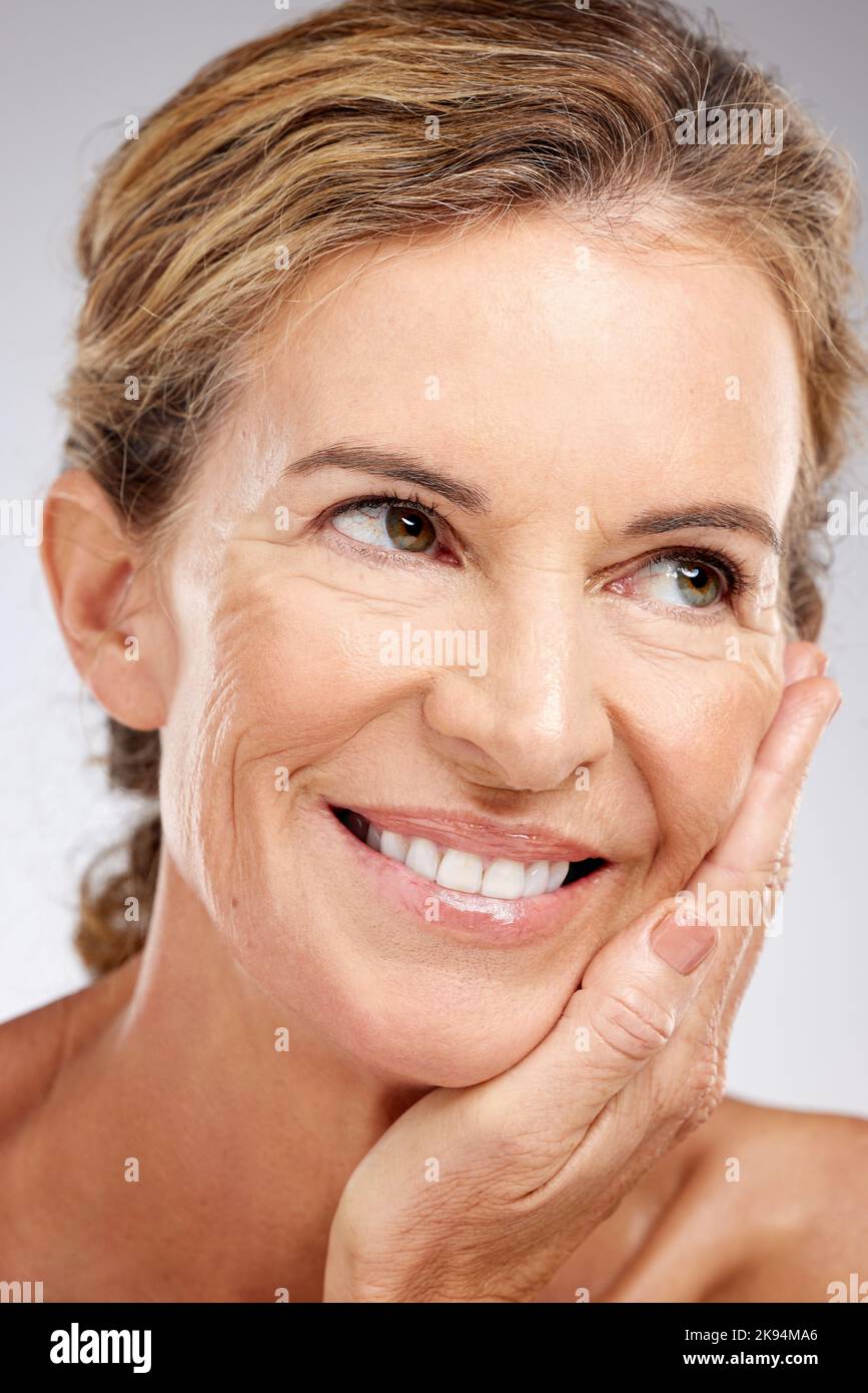 Senior woman, beauty and skincare with smile for facial cosmetics ...