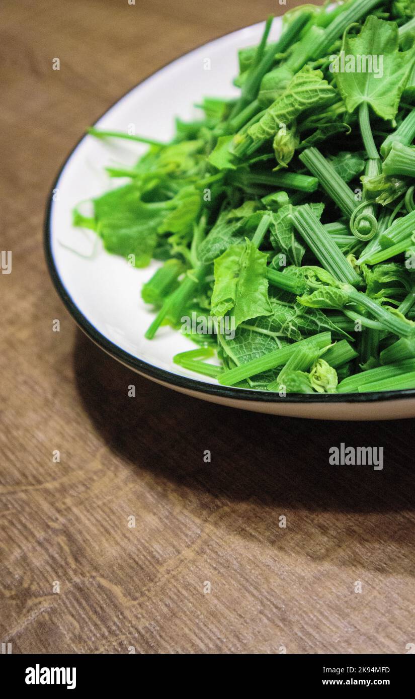 A close-up shot of a delicious green pumpkin leaves on a white plate ...