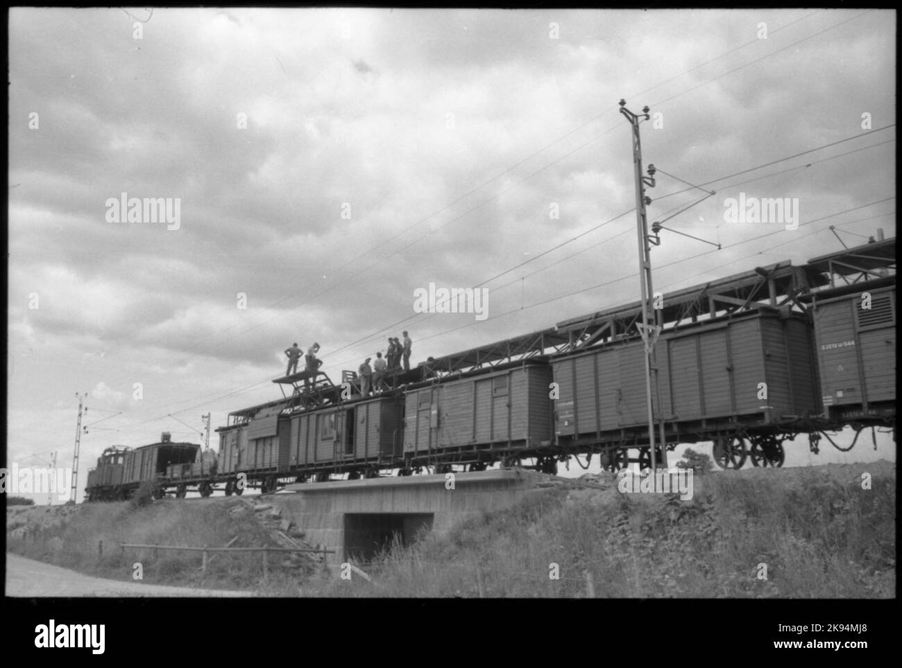 Installation of contact line is from a special mounting train, made up ...