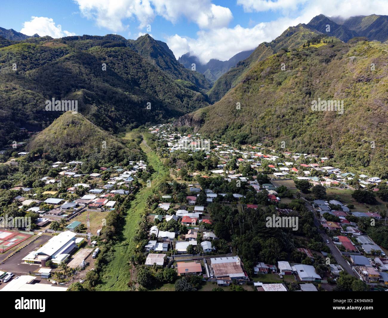A bird's eye view of a city in Paea valley in Tahiti, Polynesia Stock ...