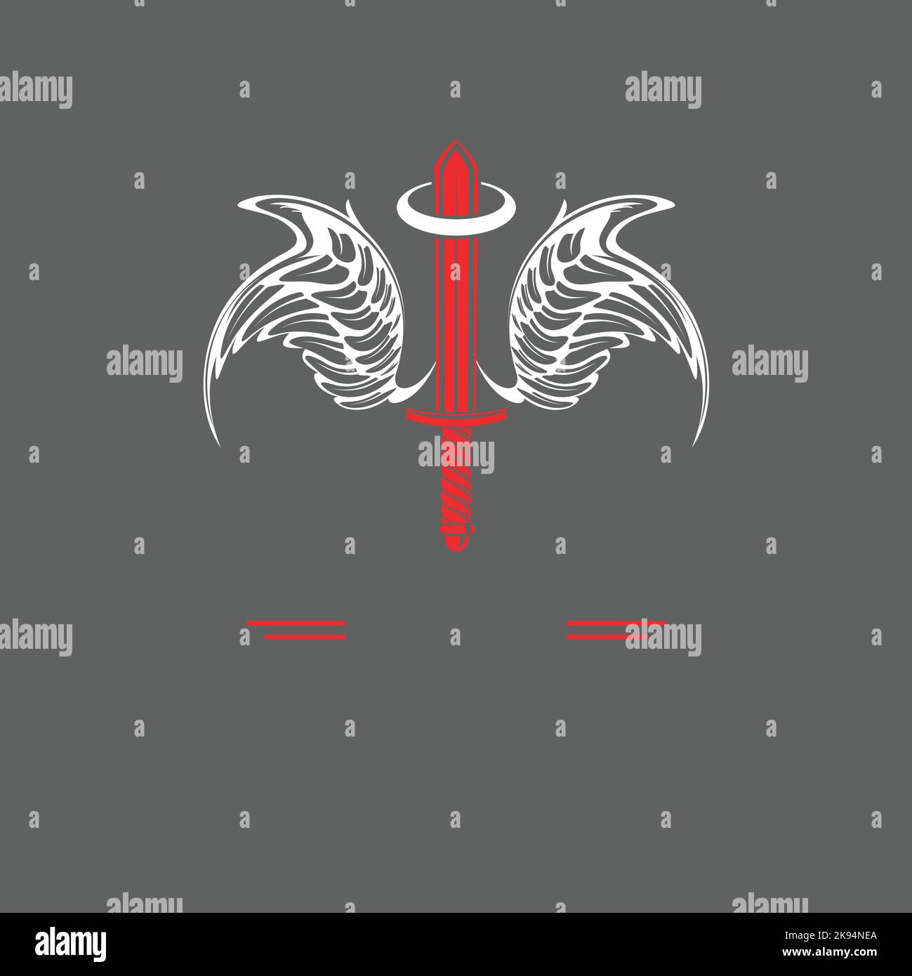 A creative logo of a sword with wings and halo on a gray background ...